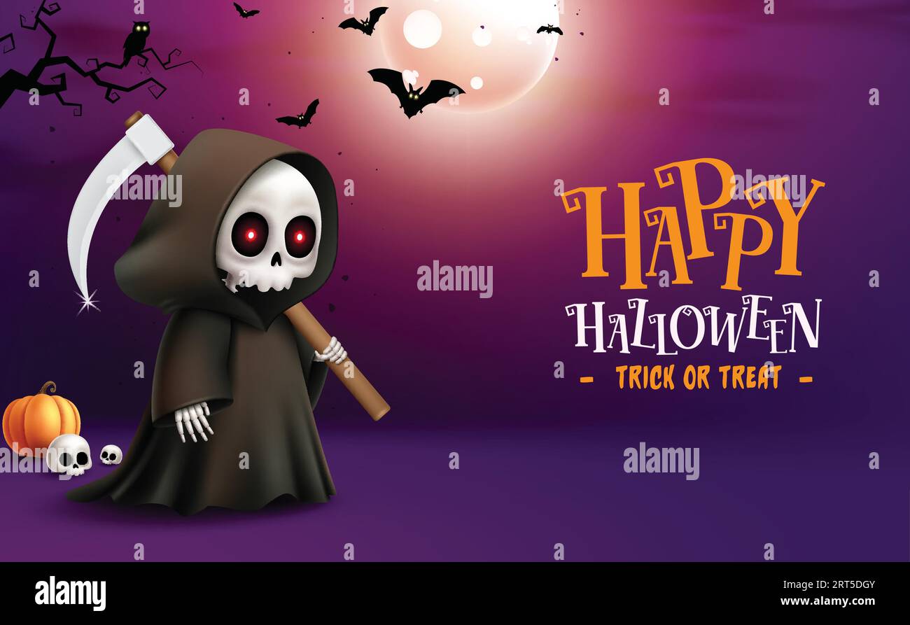 Happy halloween text vector design. Halloween grim reaper character ...