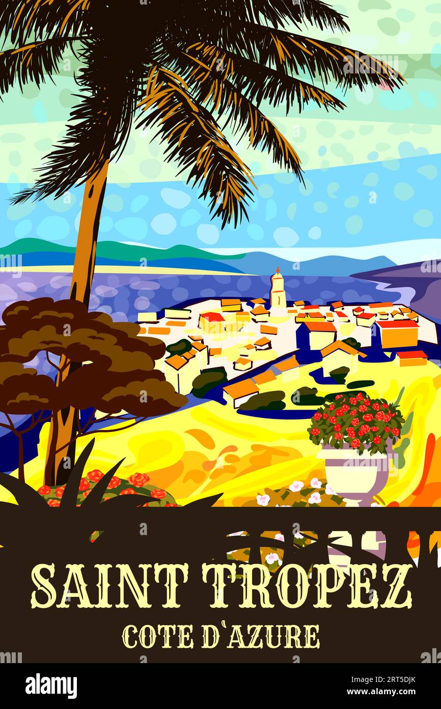 Travel poster Saint Tropez French Cote de l azur coast vintage. Resort, coast, sea Stock Vector ...