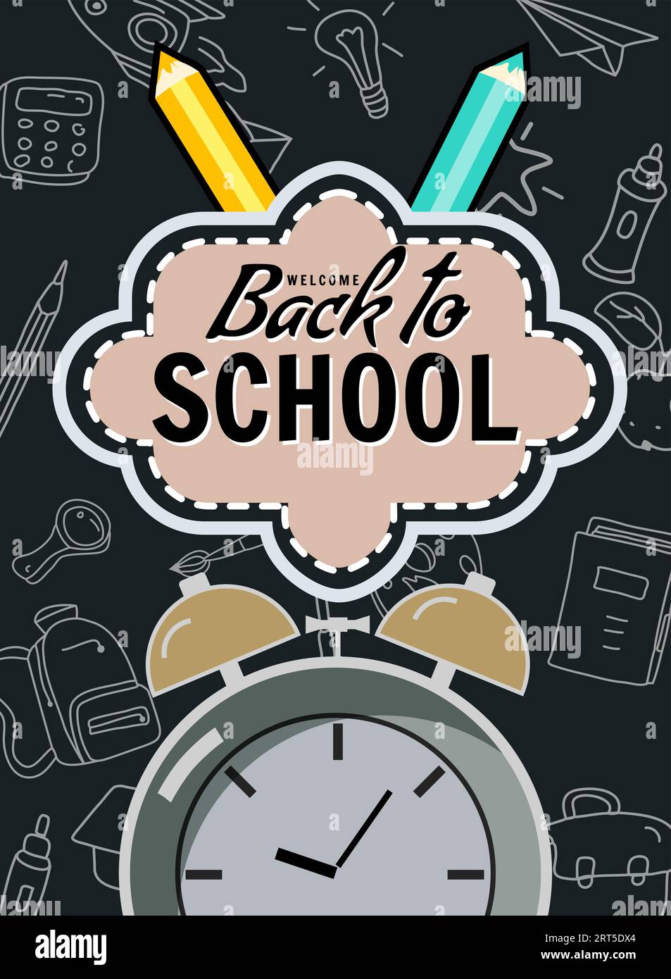 Back to school poster clock alarm clock, retro. Background template ...