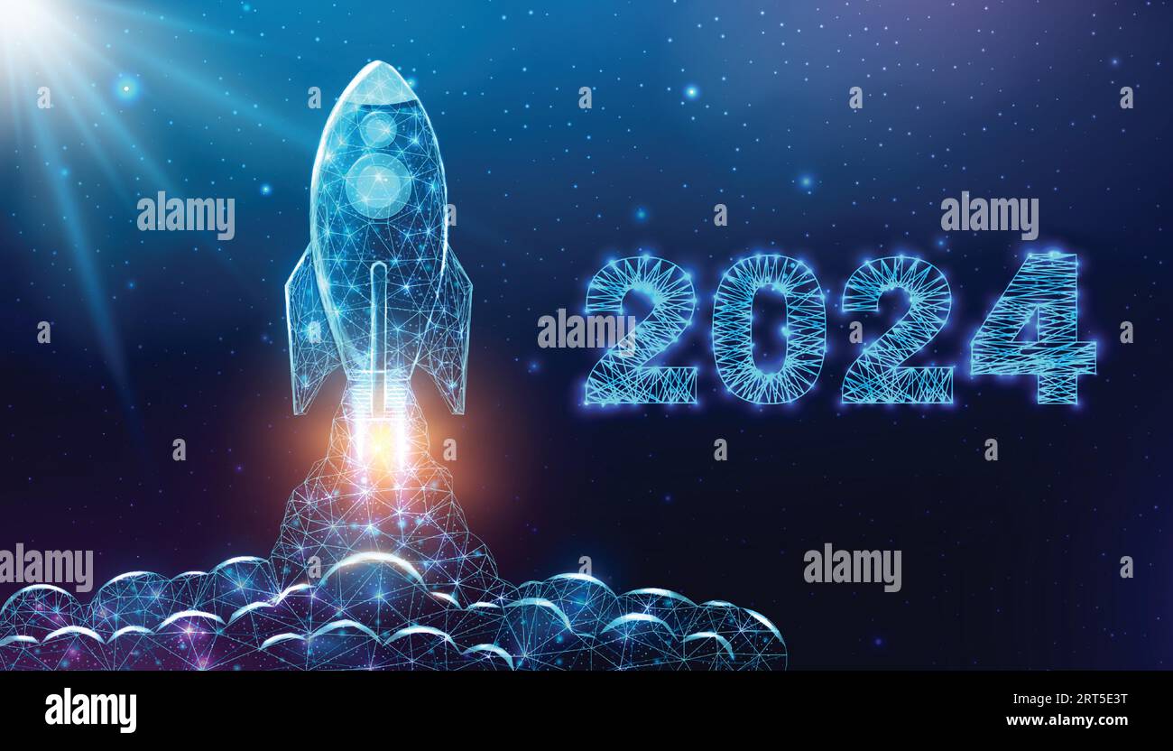 Rocket launch, wireframe polygonal style. 2024 start concept with ...