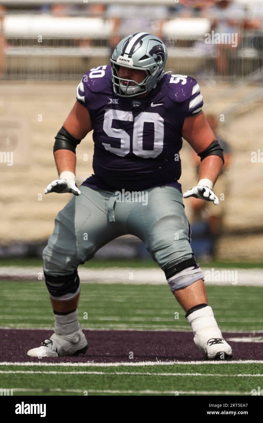 MANHATTAN, KS - SEPTEMBER 09: Kansas State Wildcats offensive lineman Cooper Beebe (50) looks to ...