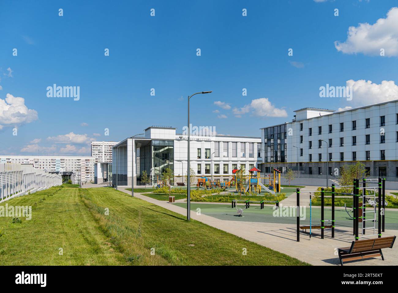New building facade in housing complex. Modern style in architecture ...