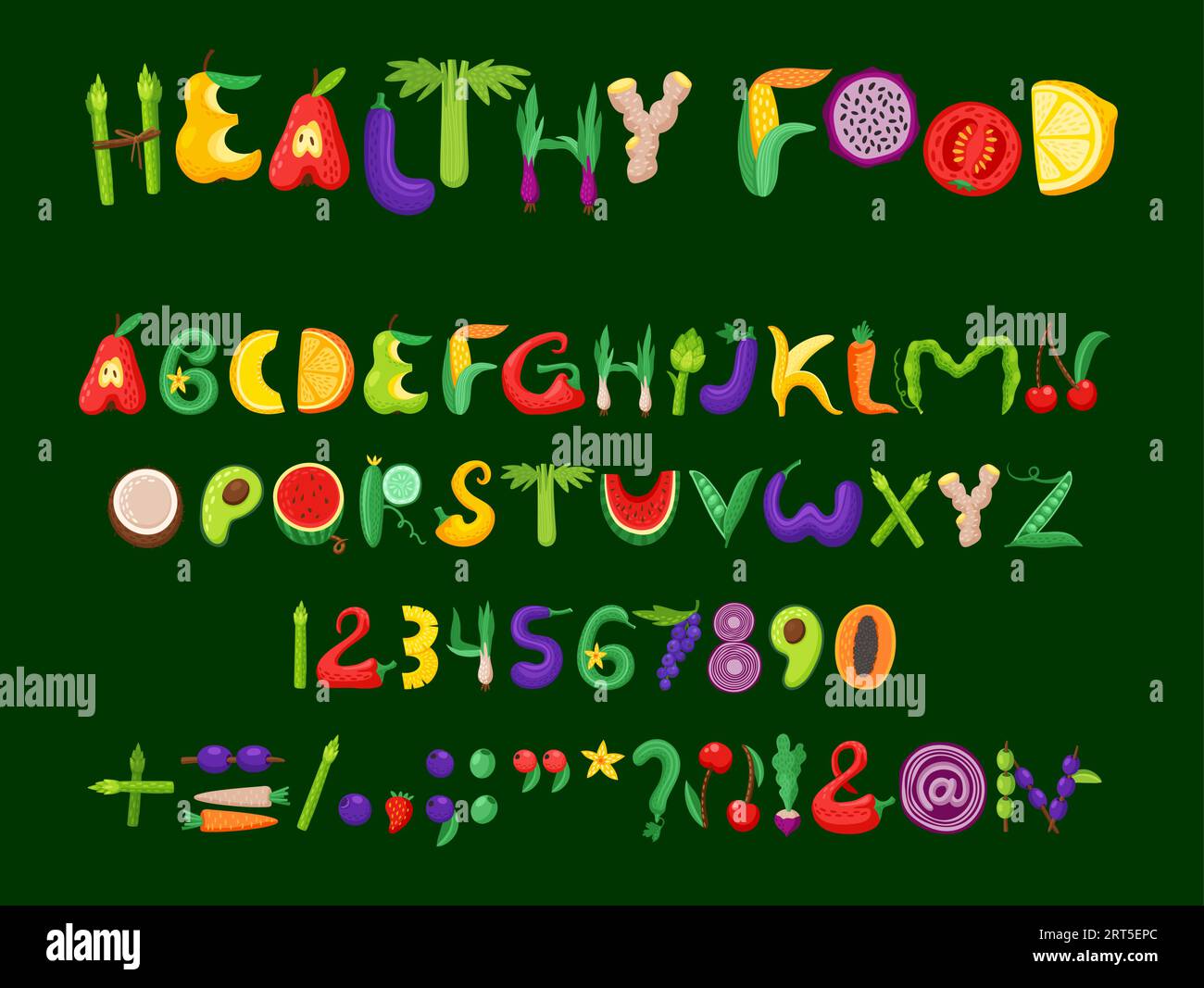 Cartoon fruit and vegetable font, healthy type or farm crop alphabet of ...
