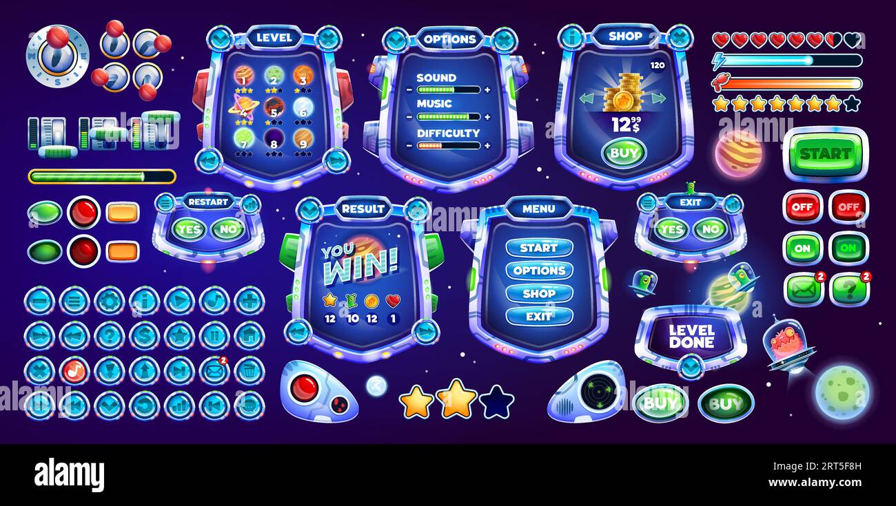 Cartoon galaxy space game interface. Game buttons, gui elements, ui ... Cartoon galaxy space game interface. Game buttons, gui elements, ui ...