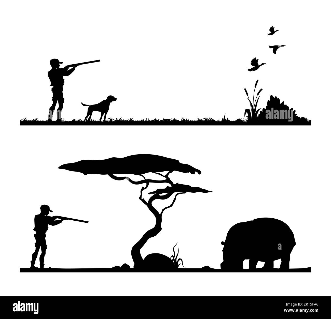 Hunting sport silhouette. Duck shooting season, bird hunting hobby or ...