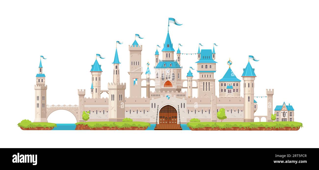 Medieval fortress castle wall and palace, gate, tower and turret ...