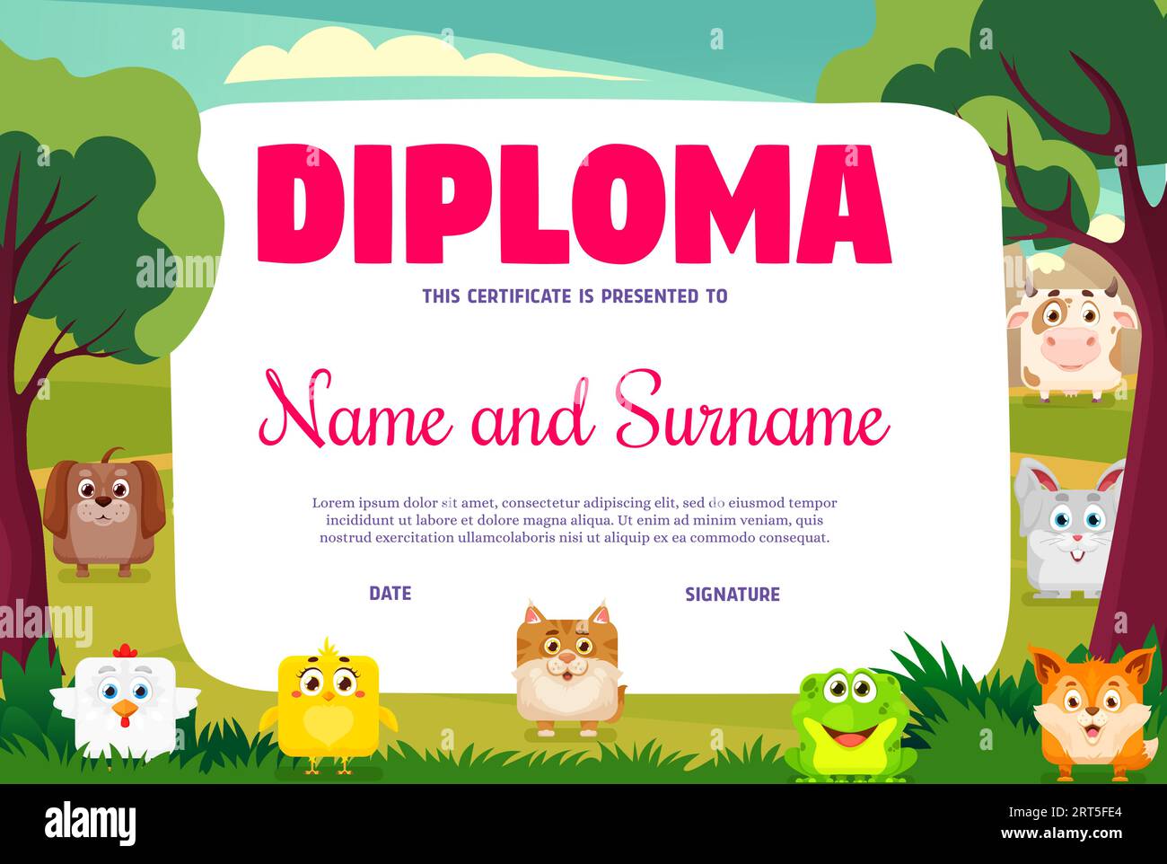 Kids diploma with square animals faces or cartoon zoo, vector education ...