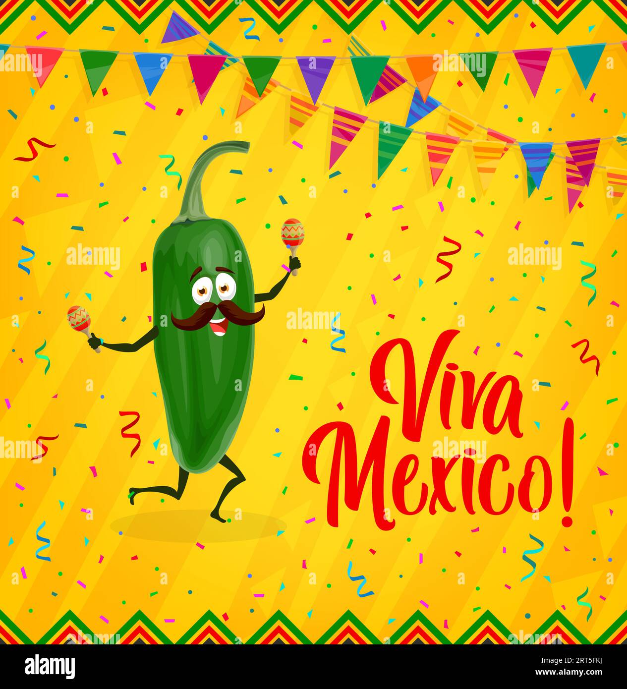Cartoon jalapeno character. Mexican holiday banner with flags ...
