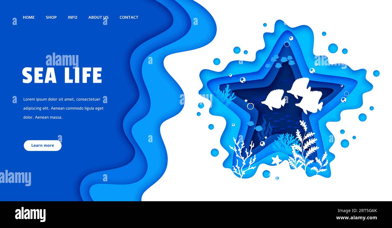 Landing page. Tropical fish, seaweeds and underwater sea paper cut ...