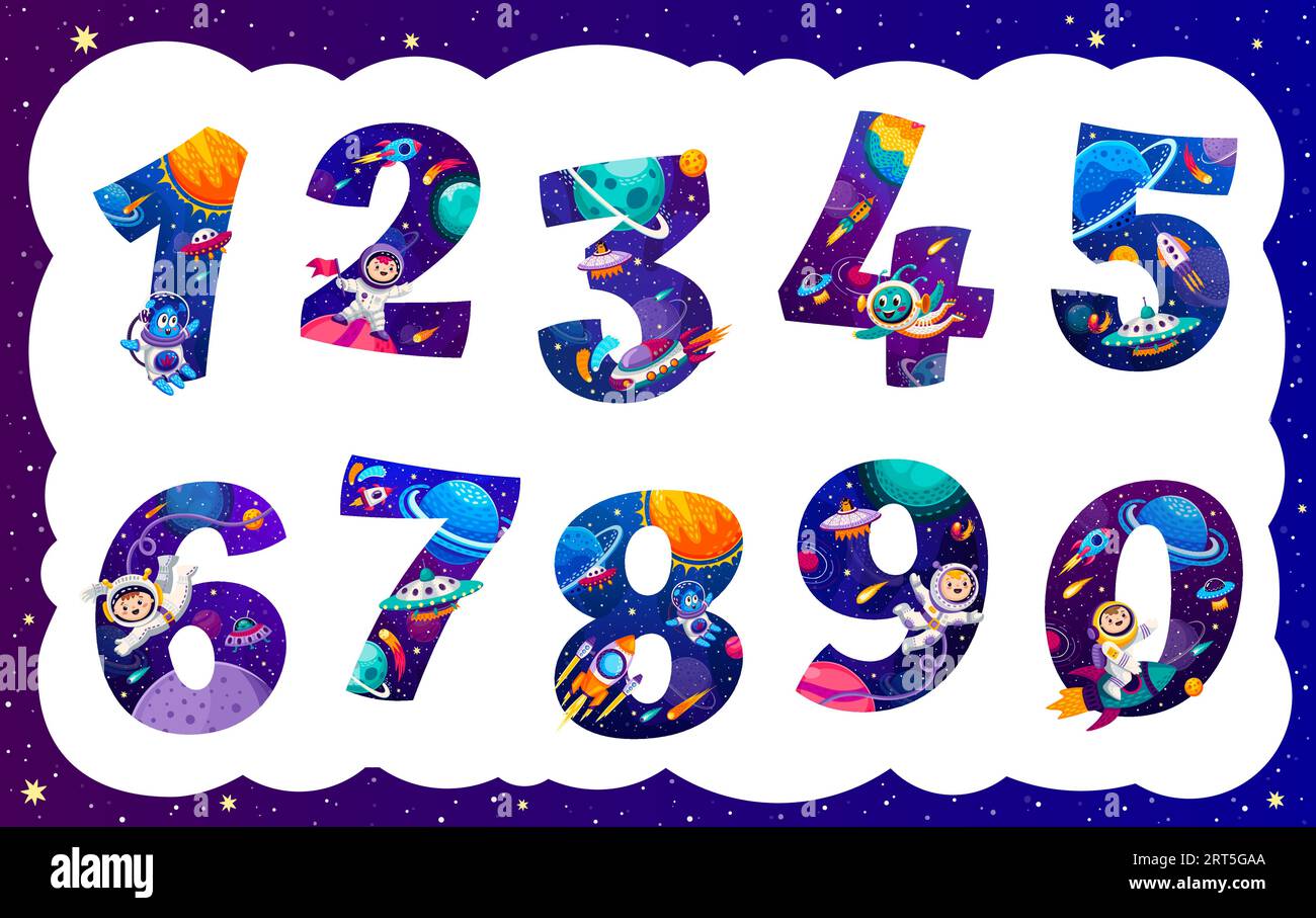 Cartoon space numbers, funny math and astronomy science. Kids education ...
