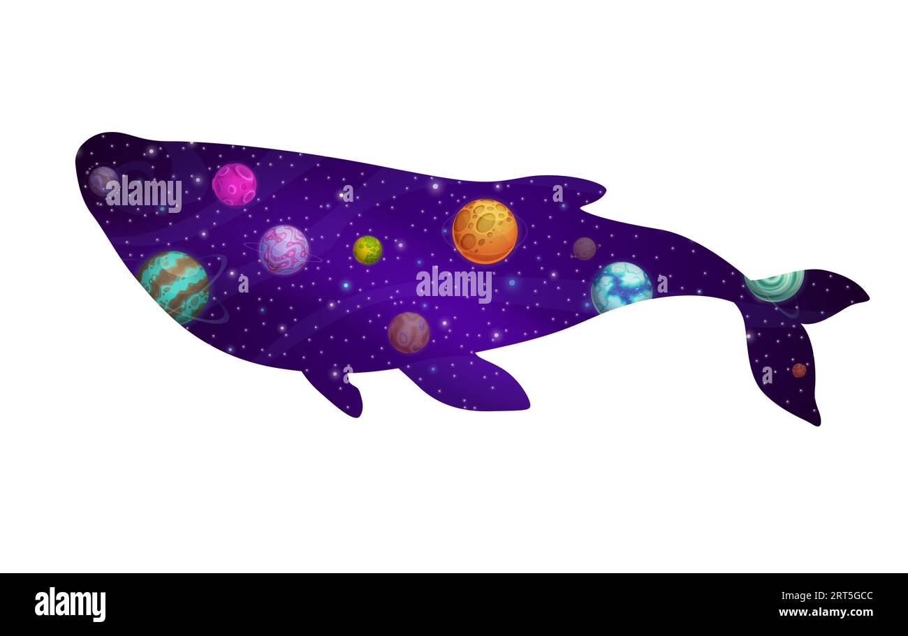 Whale silhouette and galaxy space with stars and planets on starry sky ...