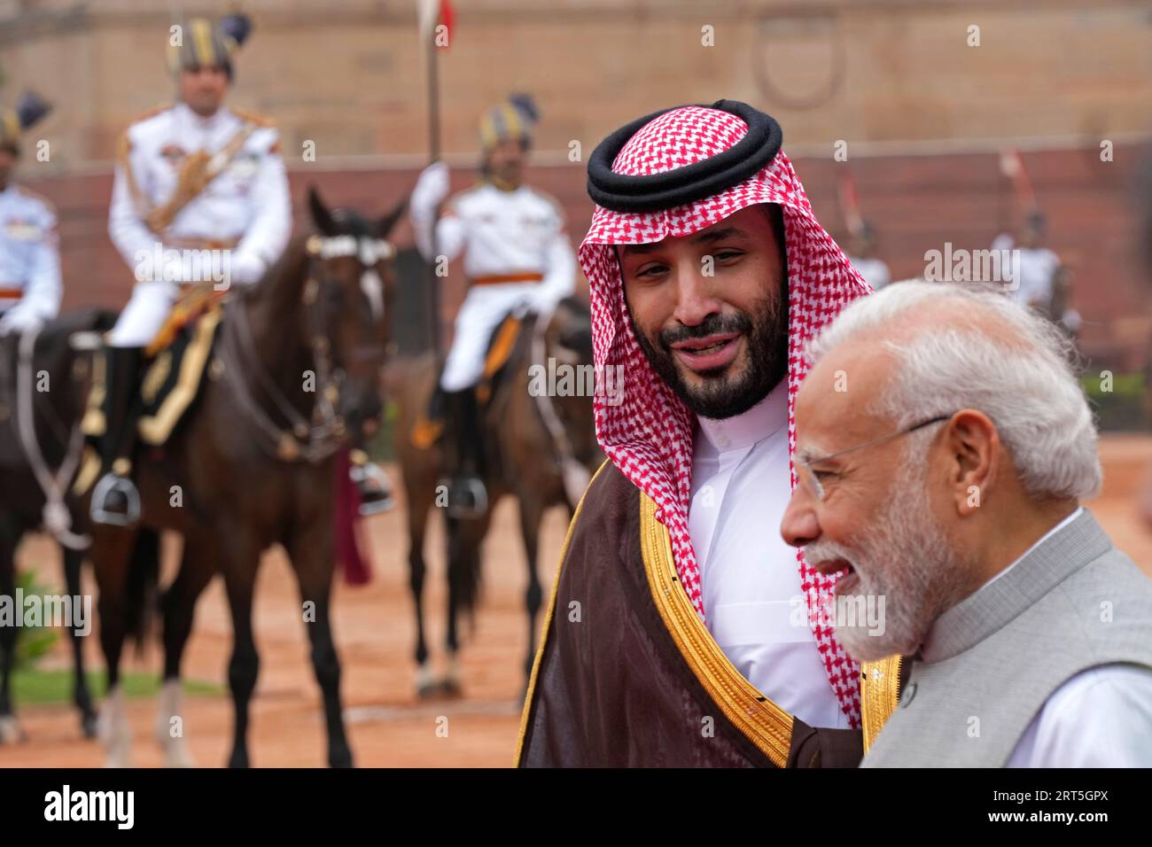 Crown Prince Mohammed bin Salman of Saudi Arabia, left, speaks to Indian Prime Minister Narendra ...