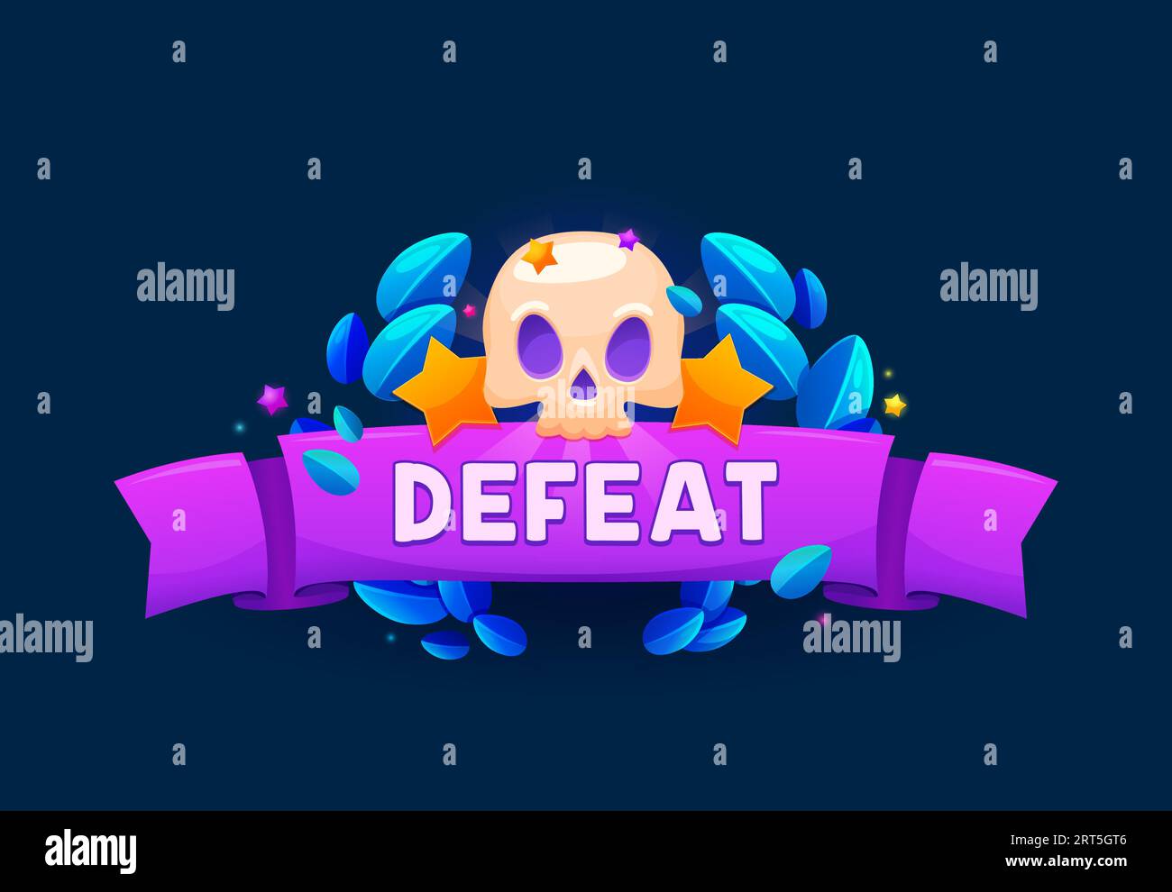 Defeat game badge or shield, ui banner with human skull, purple ribbon ...