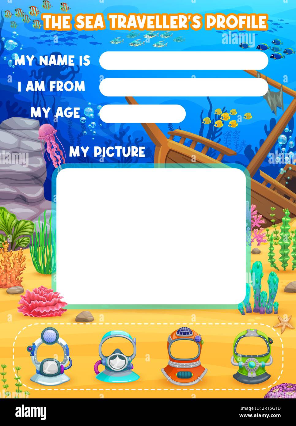 Frogman or diver profile form vector template with cartoon background ...