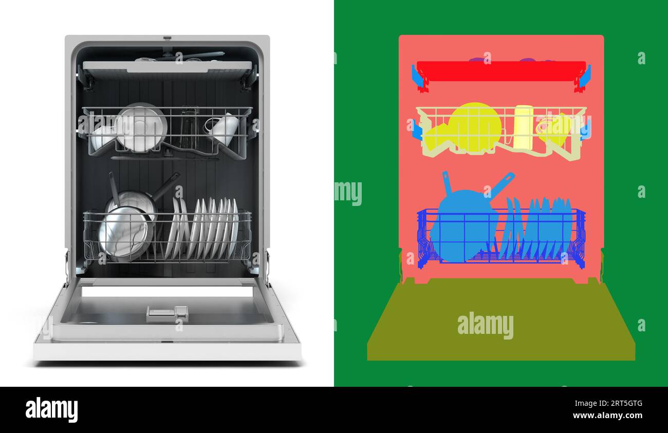 modern new open dishwasher frontview 3d render on white with color ...