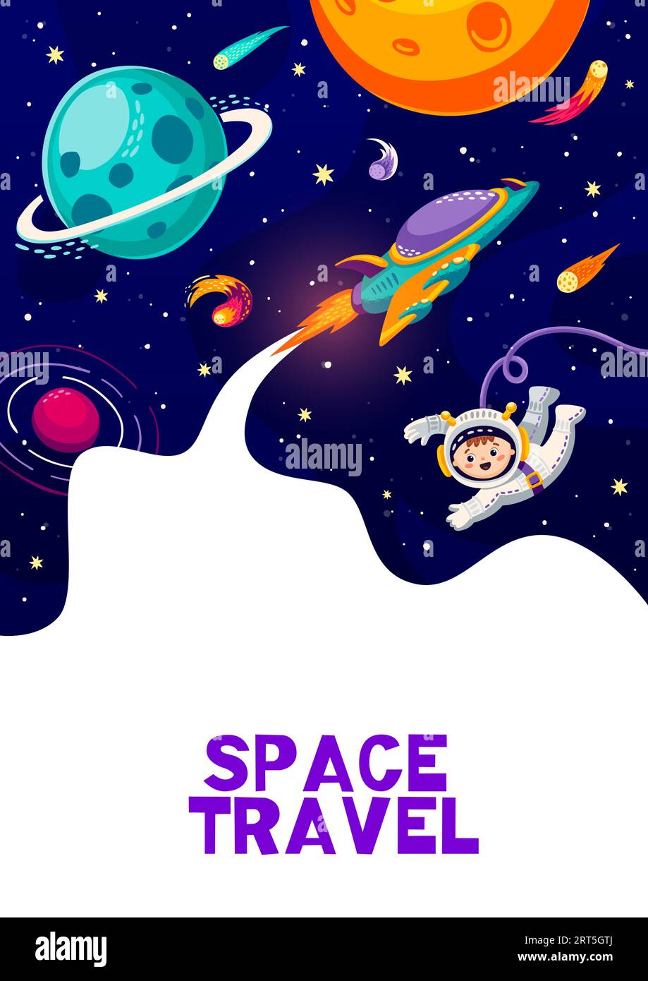 Cartoon space flyer with astronaut, galaxy planets and starship, vector ...