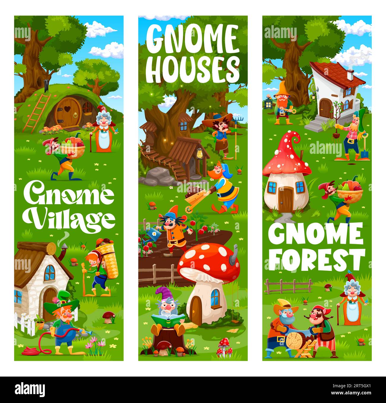 Cartoon gnome and elf characters at fairytale village. Vertical banners ...