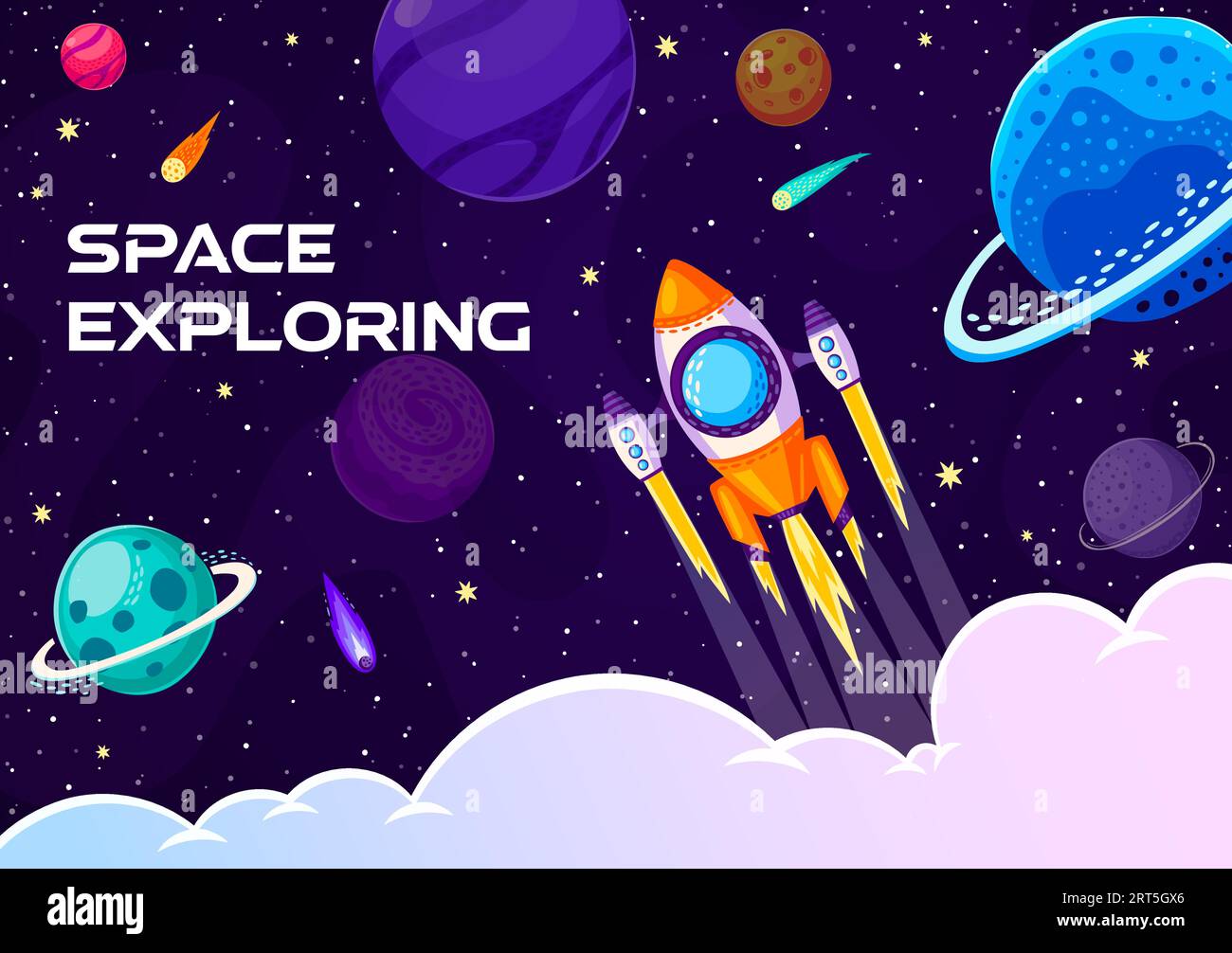 Space rocket launch, cartoon galaxy space planets and comets in starry ...