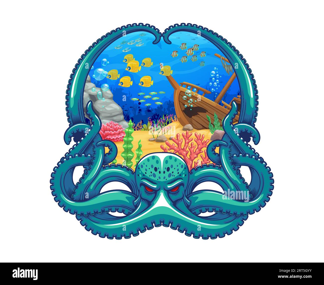 Underwater landscape with octopus frame. Cartoon sea under water world ...