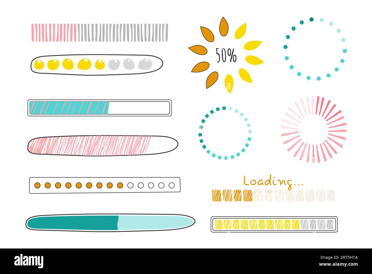 Set Loading Bar Progress In Doodle Style Isolated On White Background