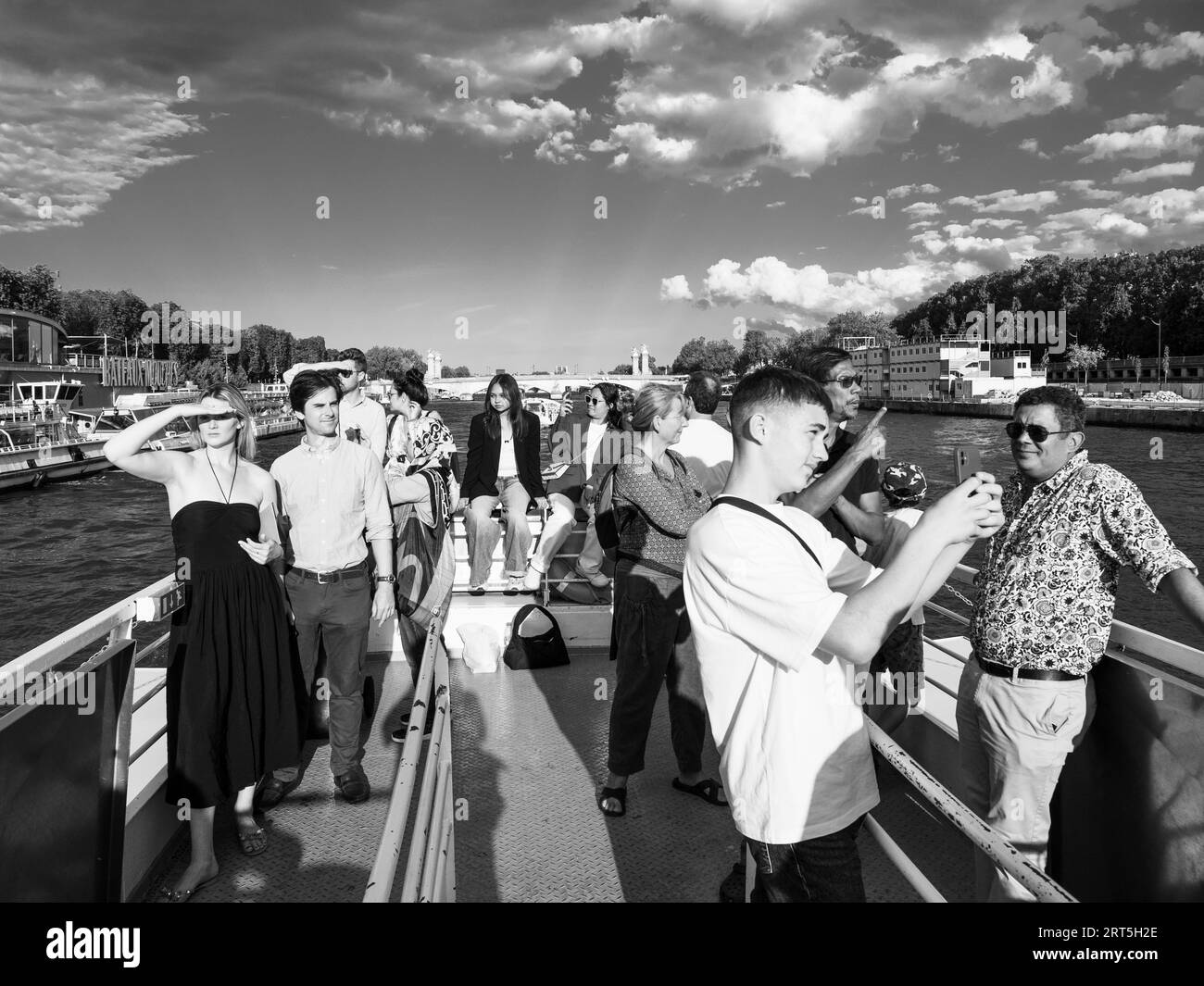 Black and White, Tourists Looking at Views, River Cruse, River Seine ...