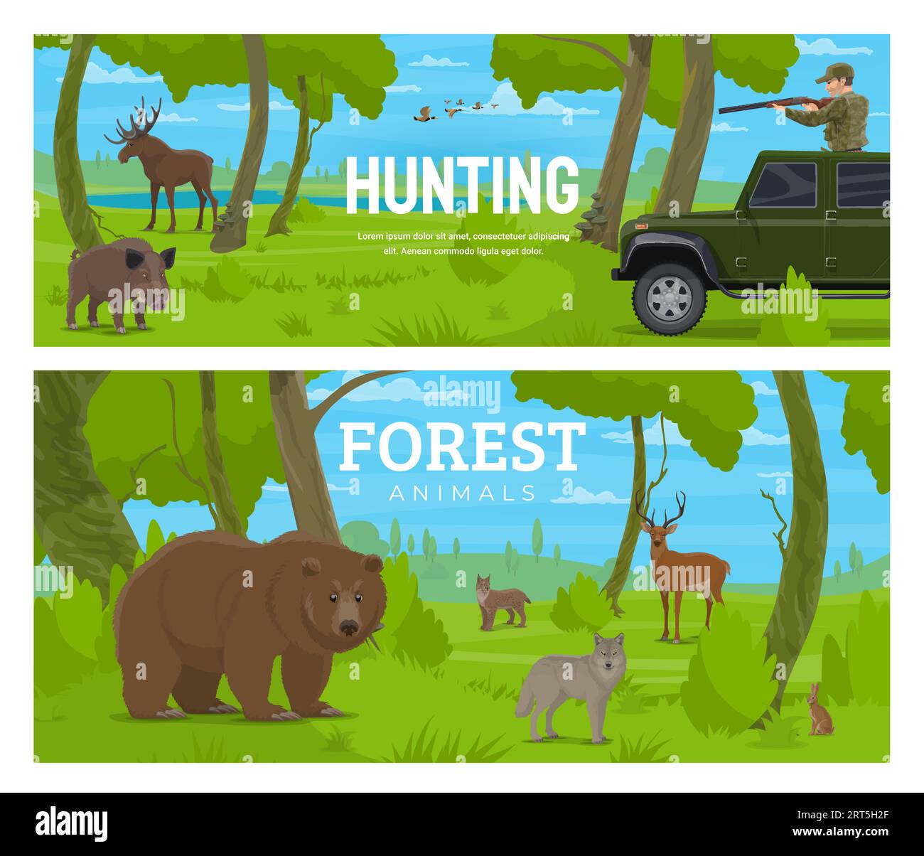 Forest animals and birds, hunting sport vector banners with hunter and ...