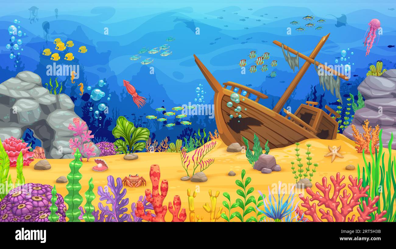 Sunken ship, fish shoals and seaweeds underwater landscape. Cartoon ...