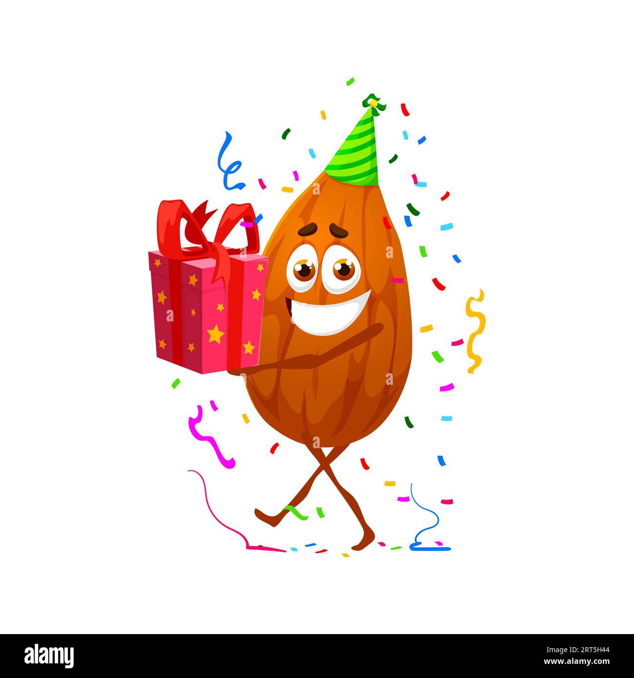 Cartoon almond nut character holding a birthday gift. Isolated vector ...