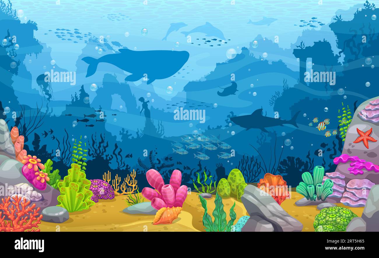 Underwater sunken city landscape with seaweeds and sea animals. Aquatic ...