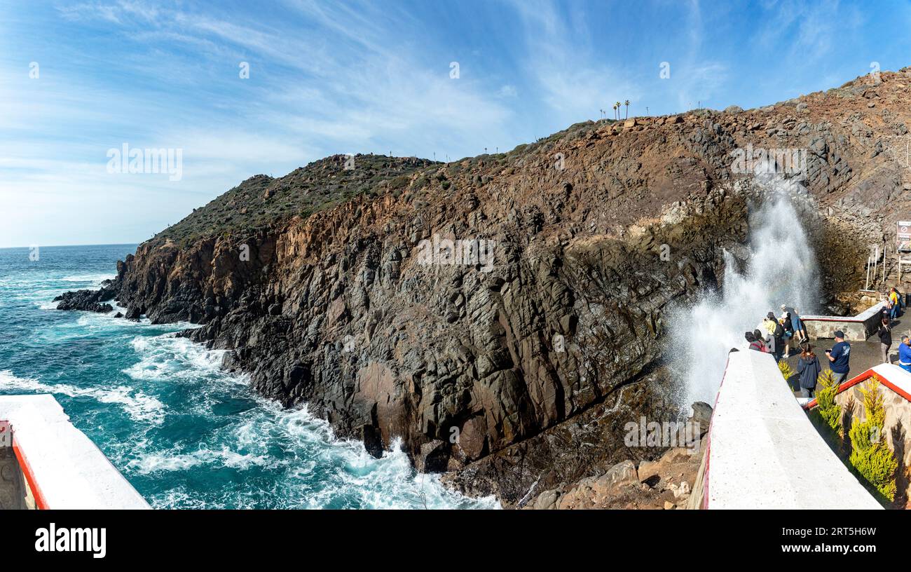 Great panoramic view of the marine geyser of La Bufadora, which is a ...