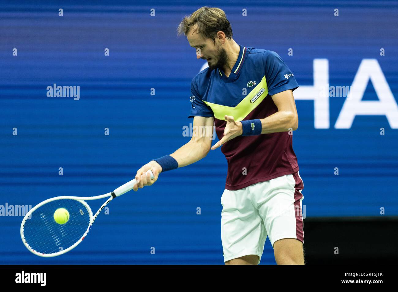 Daniil Medvedev returns ball during final match against Novak Djokovic of Serbia at US Open ...