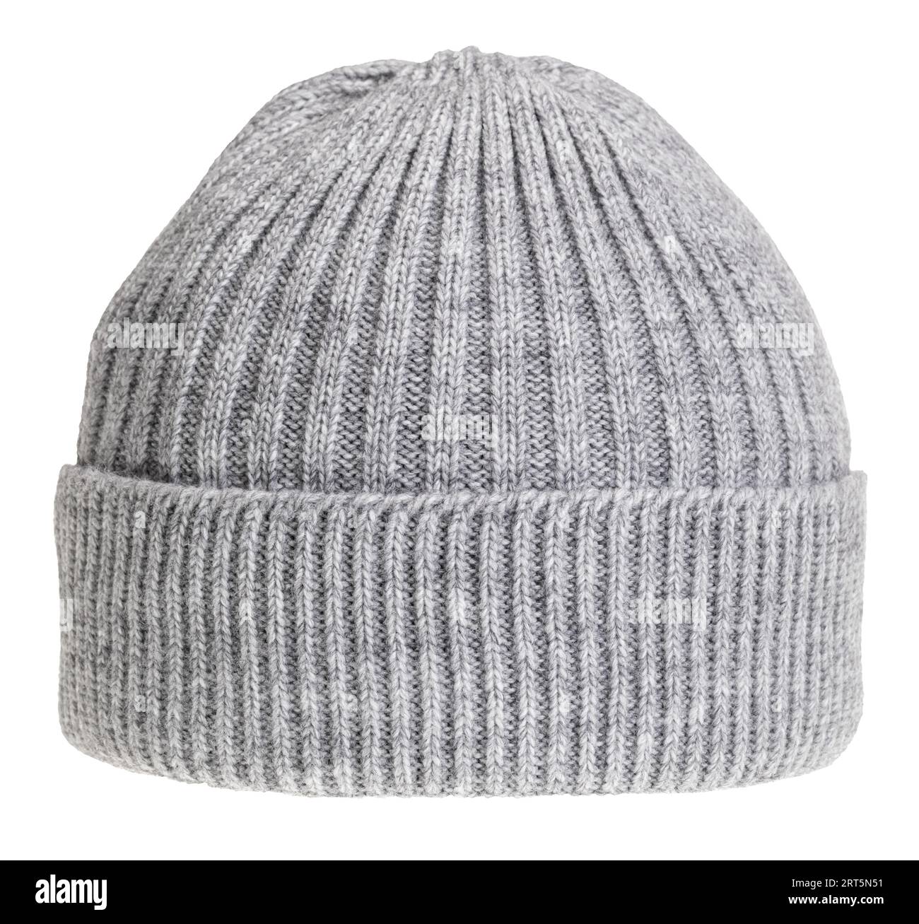 Gray knitted winter bobble hat of traditional design isolated on white ...