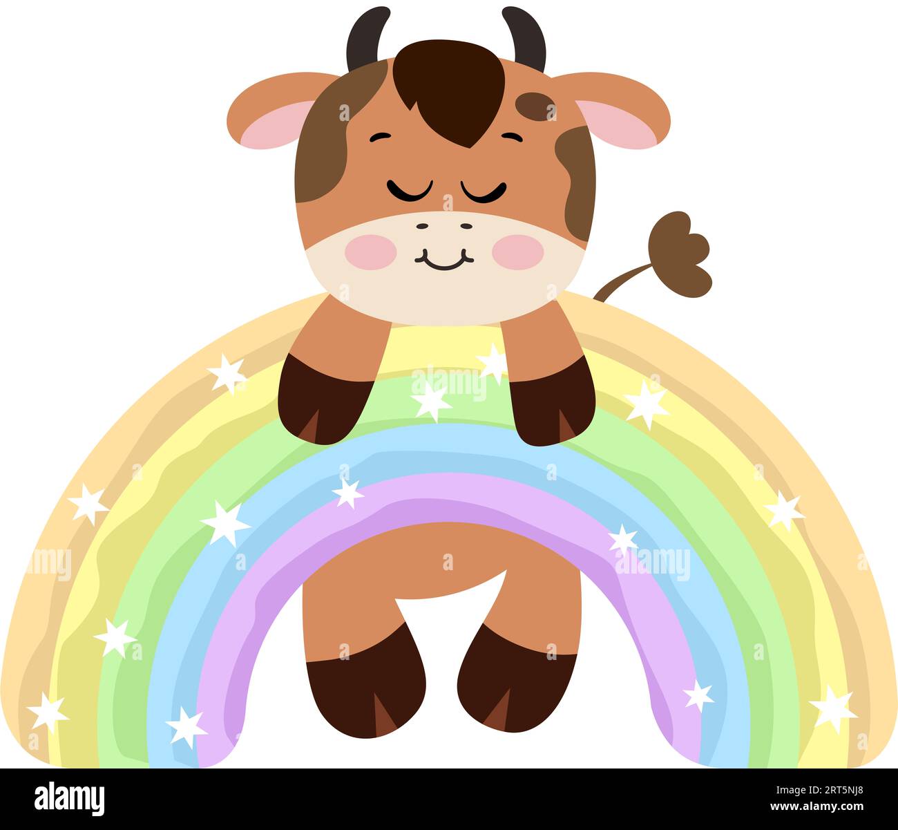 Cute cow hanging on magic rainbow Stock Photo - Alamy