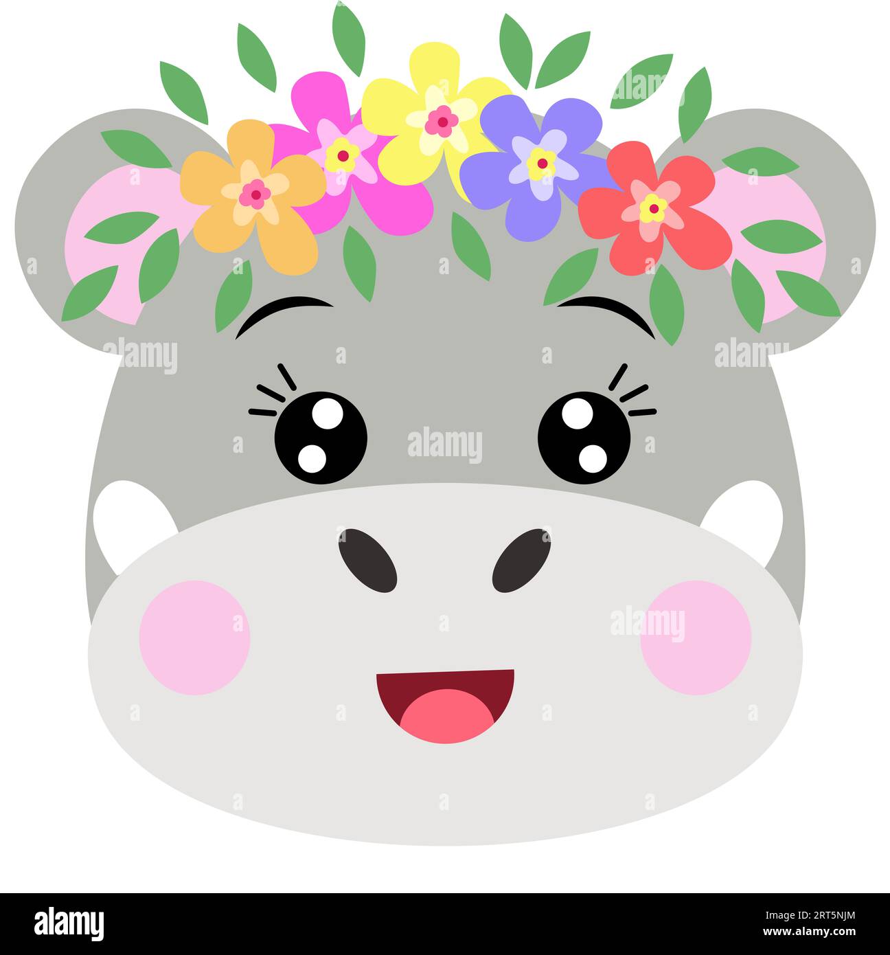 Cute hippo face with floral wreath on head Stock Photo - Alamy