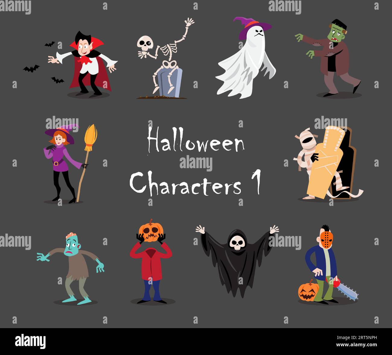 Halloween cartoon characters . Gray isolate background . Vector . Set 1 ...