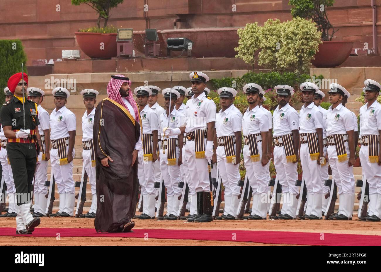 Saudi Arabia's Crown Prince Mohammed bin Salman inspects a military guard of honor upon his ...