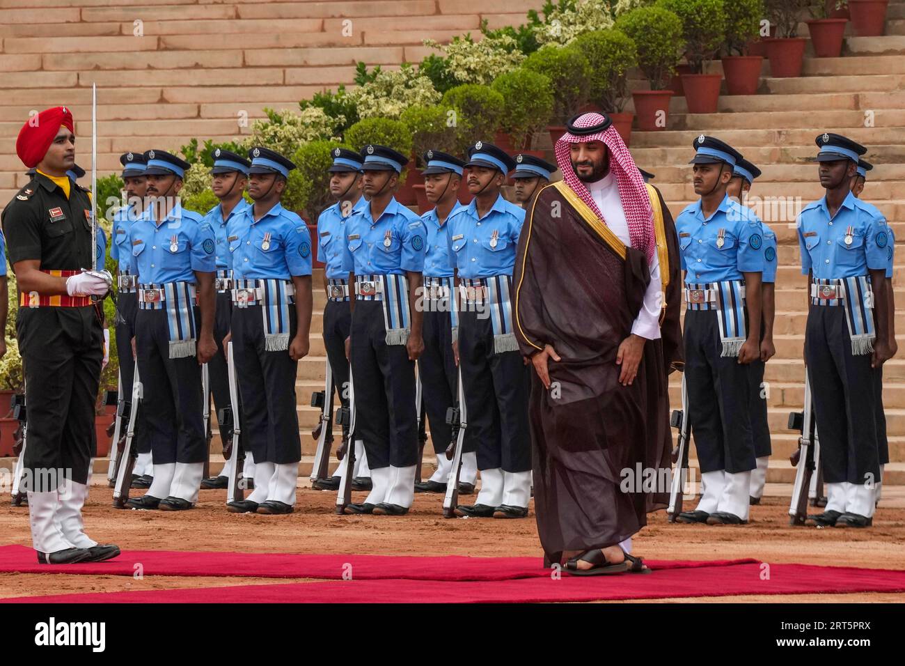 Saudi Arabia's Crown Prince Mohammed bin Salman inspects a military guard of honor upon his ...