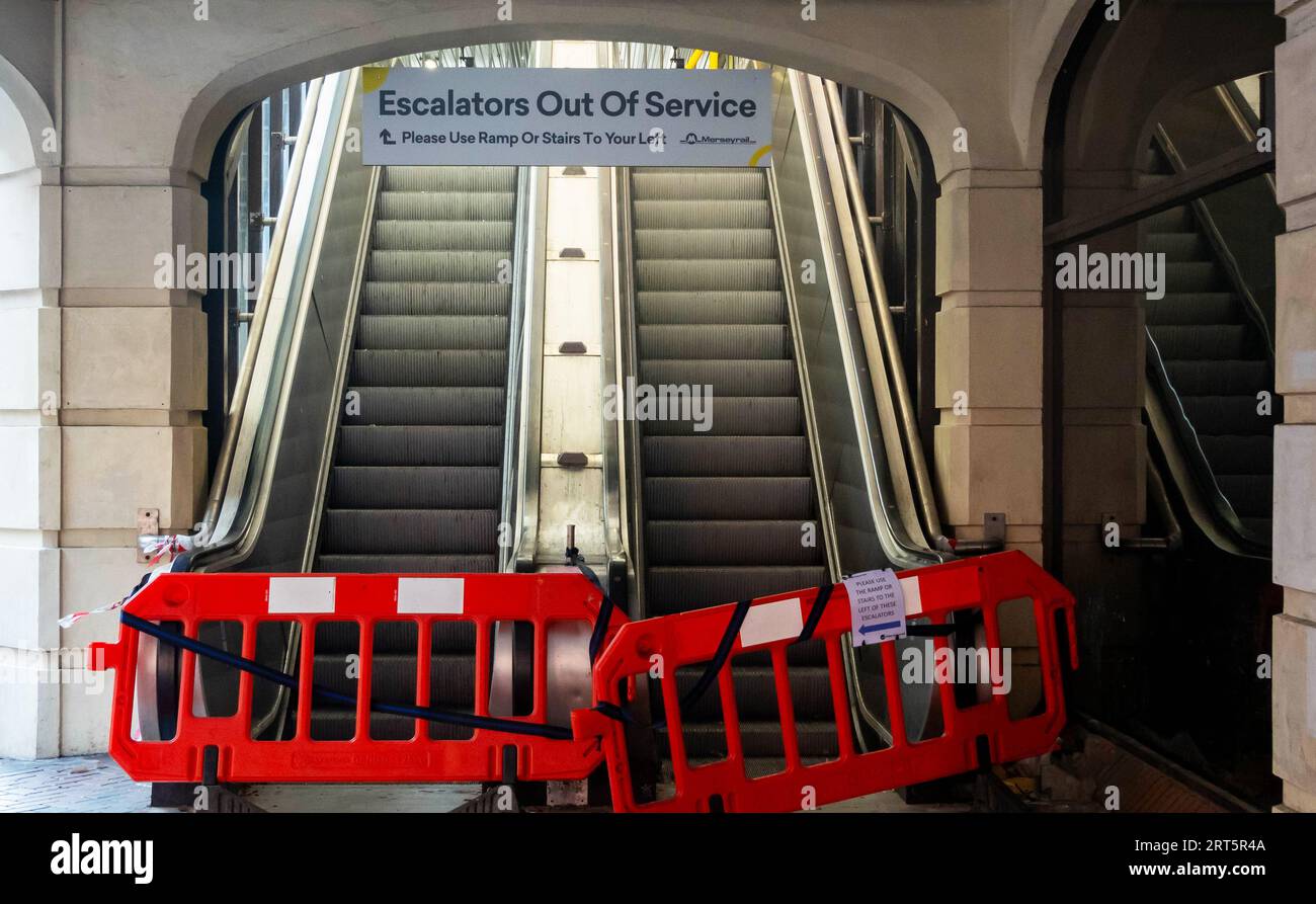 Liverpool Moorfields Train Station escalators out of order sign Stock ...