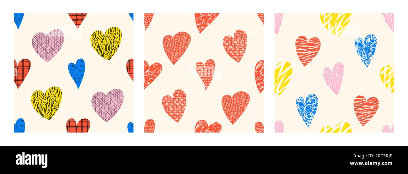 Naive playful hearts with loop, drops, spots, curves, lines and waves ...