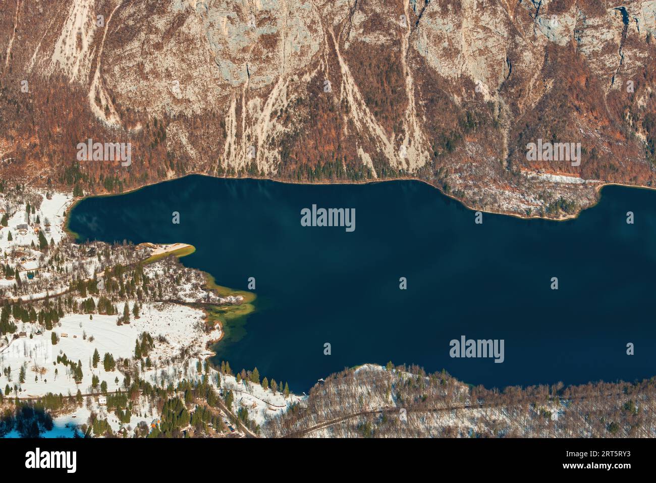 Aerial view of Ukanc, small settlement at western shoreline of lake ...