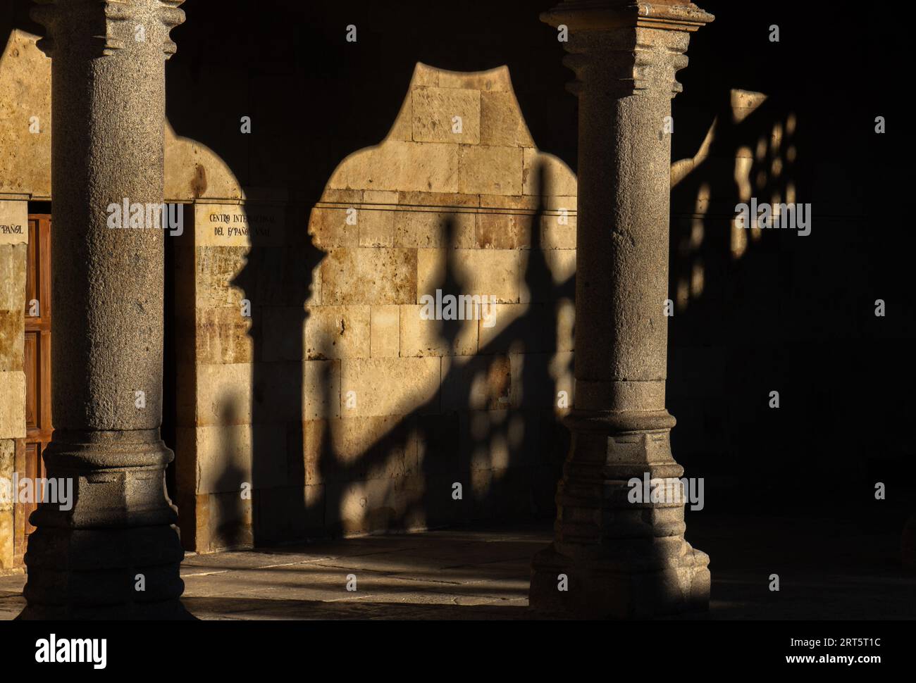 Shadows and silhouettes of the arches, columns and granite fence of the ...