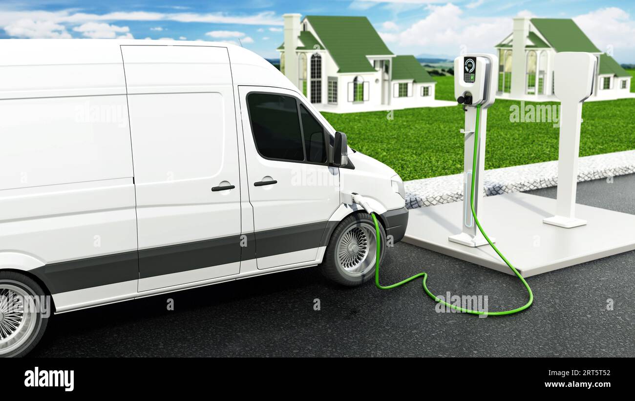 Commercial electric van being charged at ev charging station. 3D ...