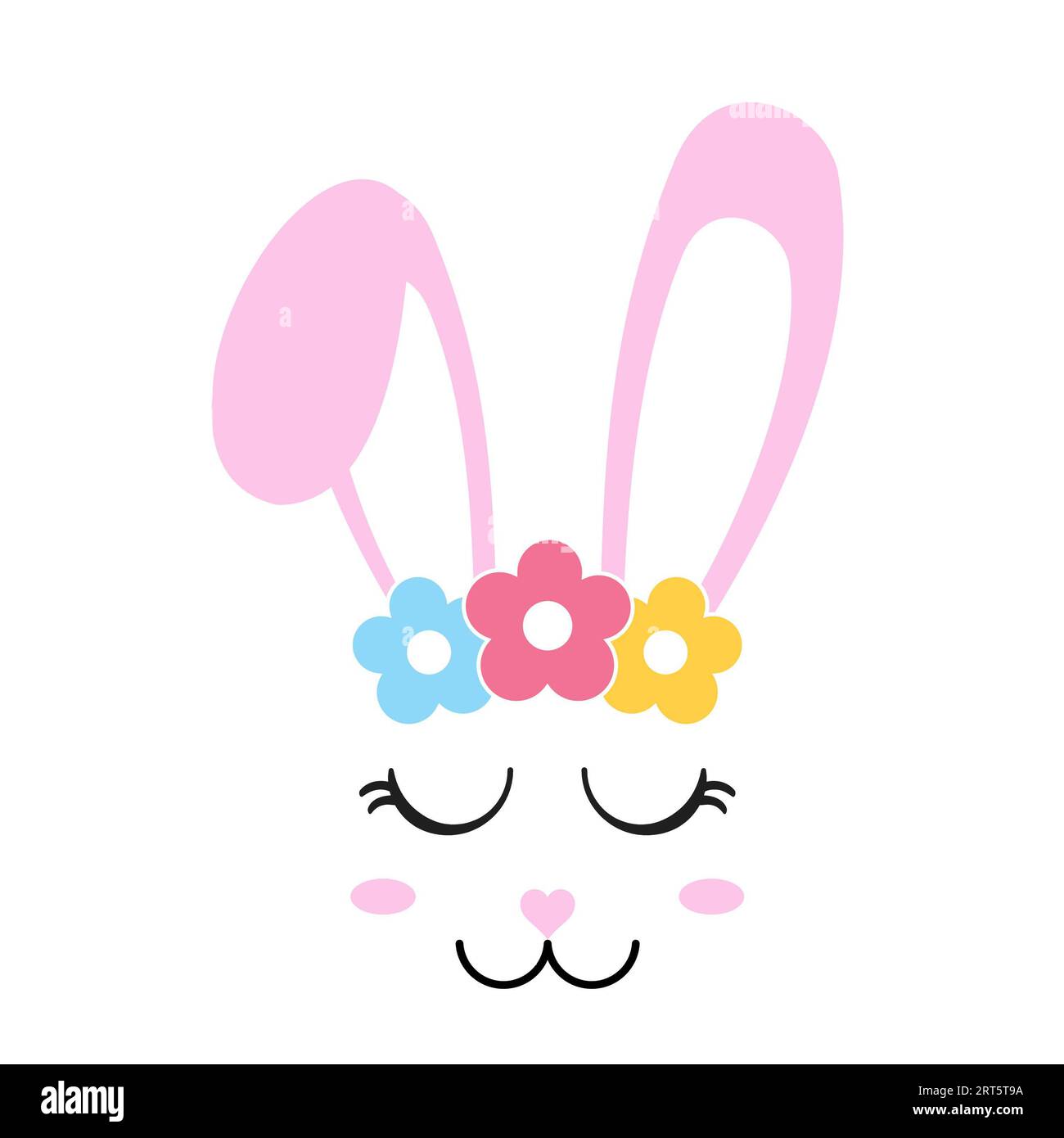 Cute bunny, rabbit face with colorful flowers and eyelashes on white ...