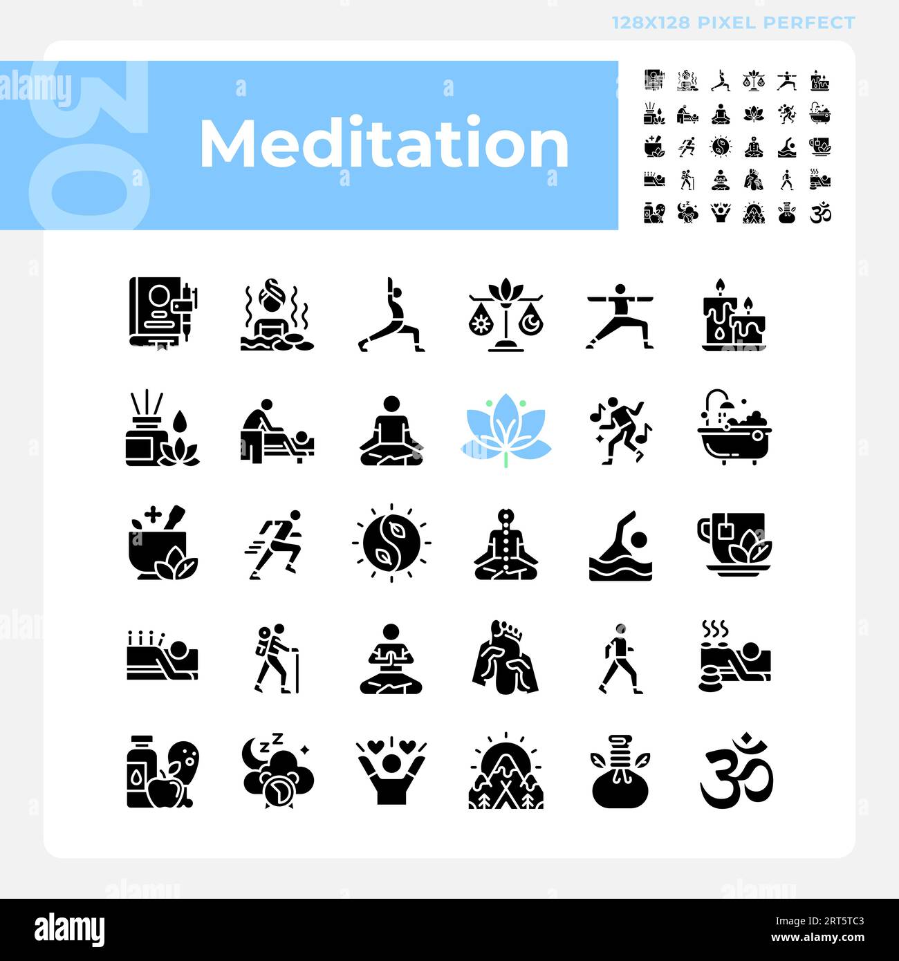 2D pixel perfect glyph style meditation icons set Stock Vector Image ...