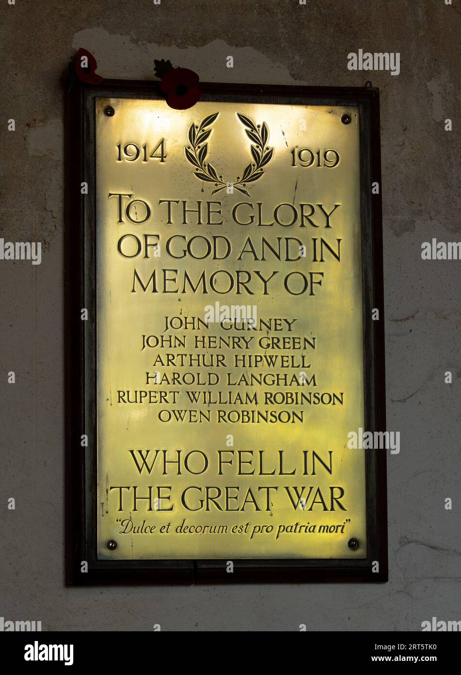 A war memorial in St. Thomas`s Church, Catthorpe, Leicestershire ...