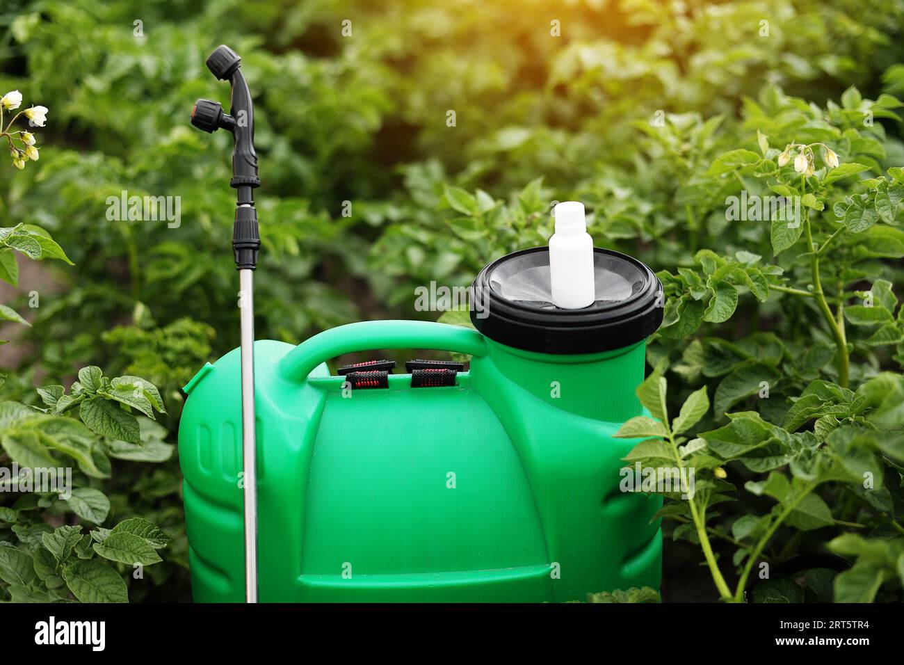 White little bottle of pesticide, herbicide for protecting plants from ...