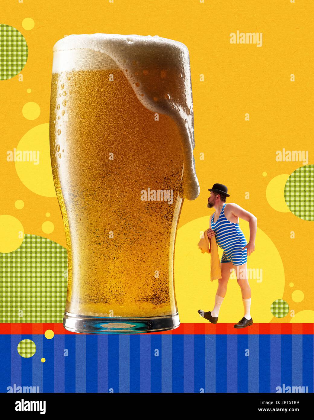 Man in striped retro swimsuit walking in direction to foamy lager beer ...