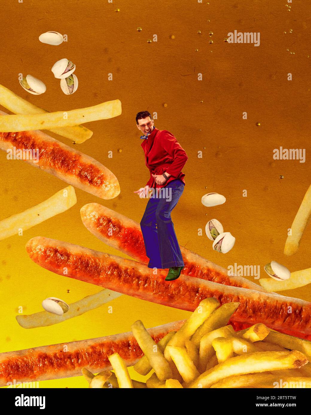 Stylish happy man dancing around sausages, pistachios and fries over ...