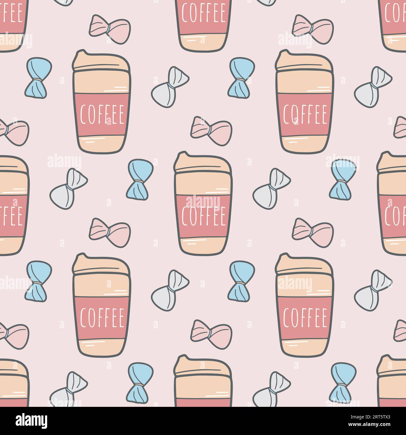 Hand drawn seamless pattern of coffee and candy. Cute takeaway coffee ...
