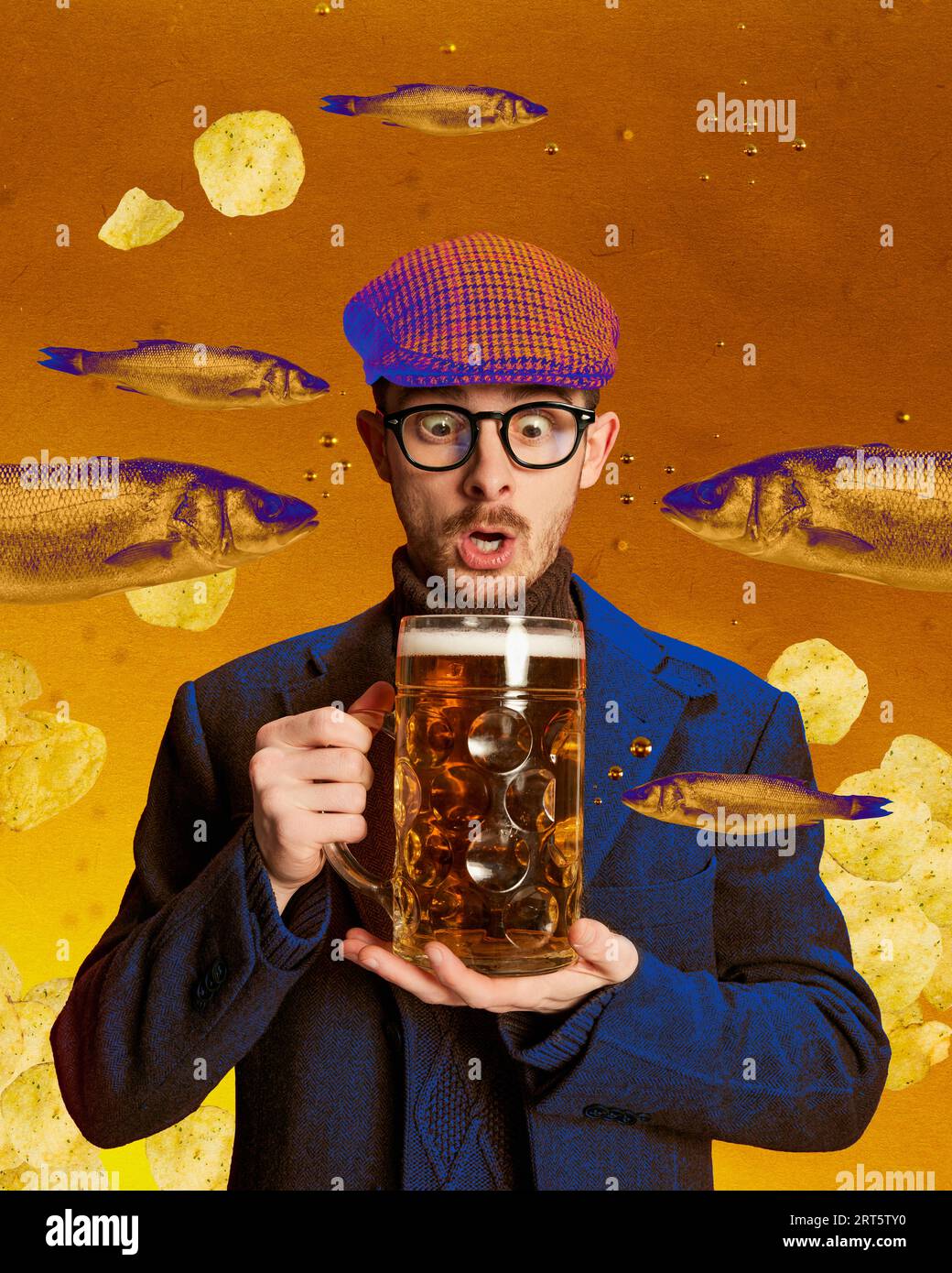 Gentleman looking at giant glass with lager beer. Fish and chips as ...